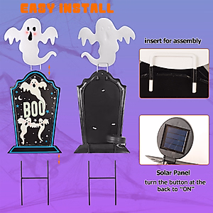 Joliyoou Halloween Yard Stake, 26.4" Solar Lighted Metal Tombstone with Glow in The Dark Ghosts, 18 LED Purple Lights Spooky Yard Sign for Outdoor Front Door Yard Lawn Garden Decors