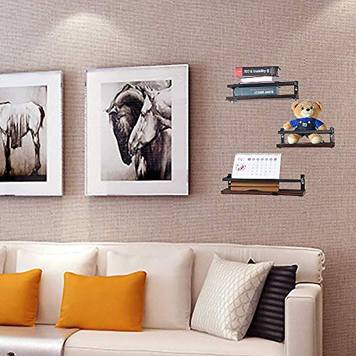 PHUNAYA Floating Shelves Rustic Wood Wall Mounted Shelf Practical Metal Fence Design – Ideal for Bedroom, Bathroom, Kitchen Set of 3