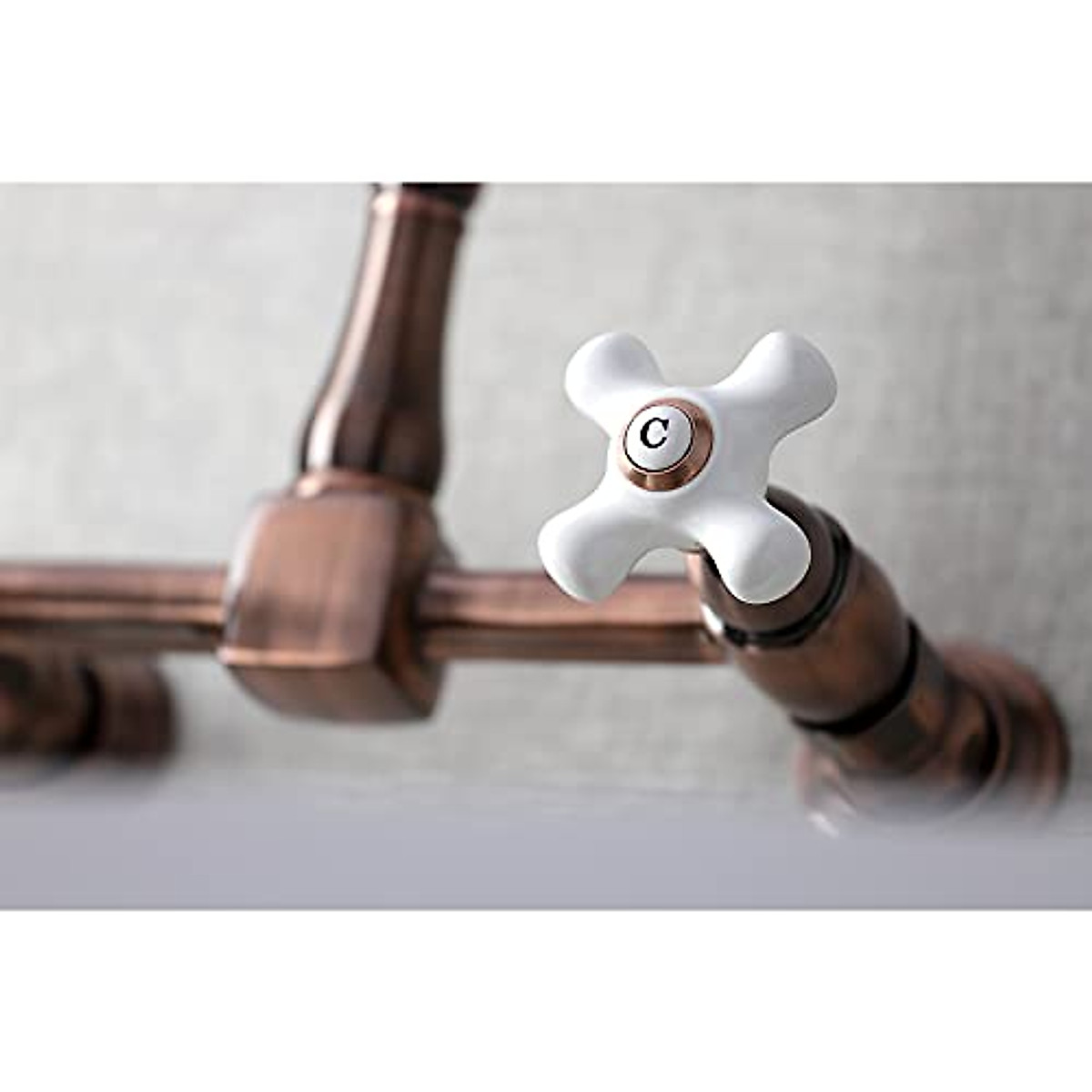 Kingston Brass KS124PXAC Heritage Two-Handle Wall Mount Bridge Kitchen Faucet, Antique Copper