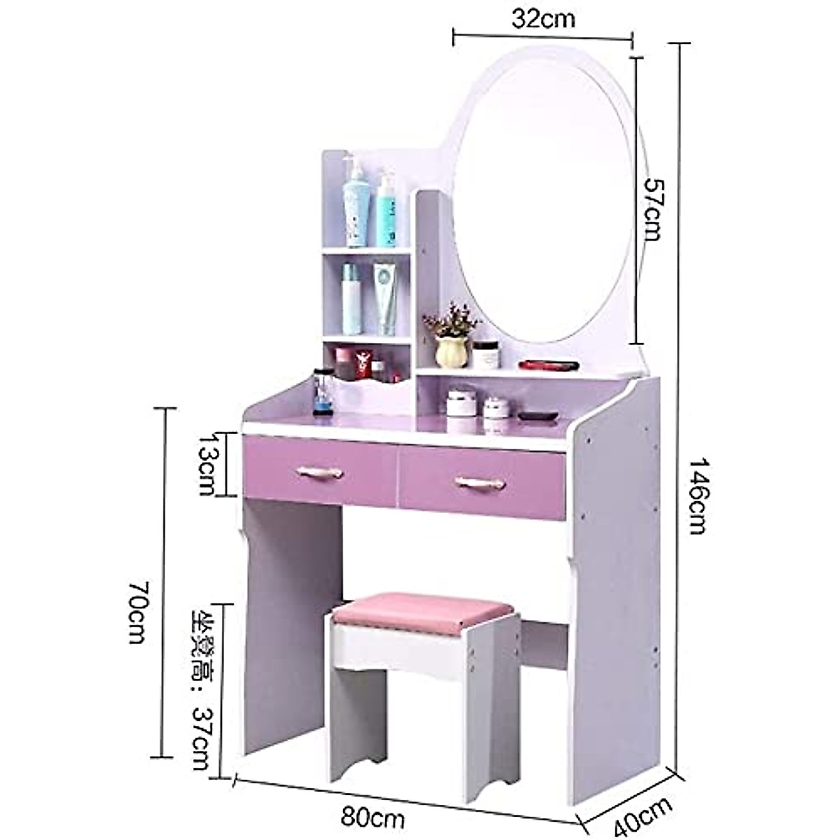 LEONYS Makeup Vanity Desk with Rounded Mirror, 3 Drawers, Vanity Set with Upholstered Stool, for Bathroom, Bedroom, Girls Vanity for Gift (Color : Pink)
