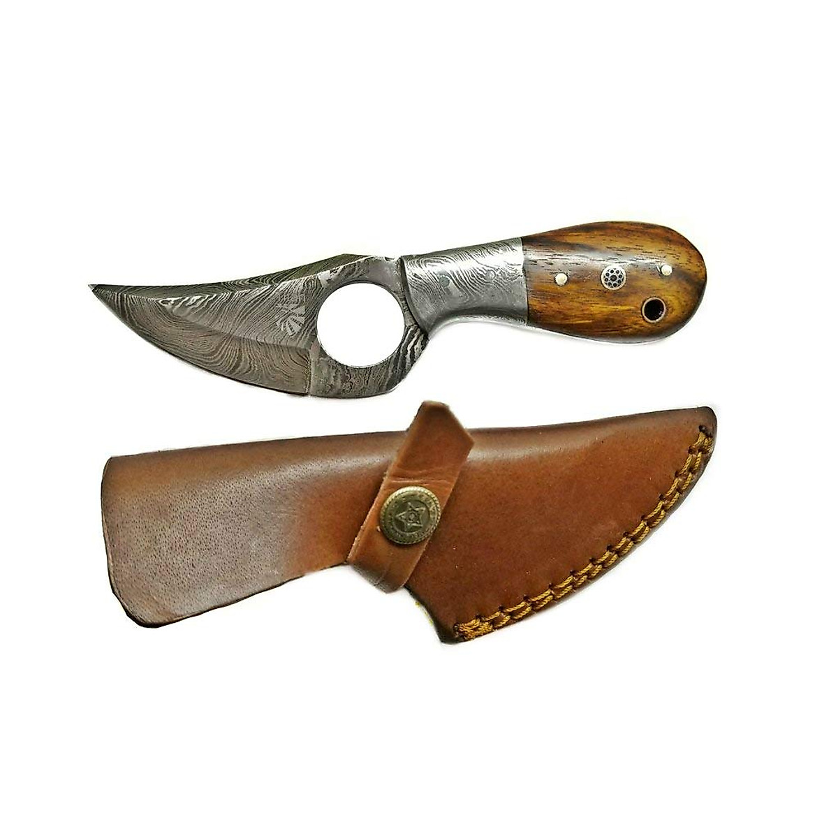 Titan International Knives New Damascus Small Skinner Fixed Blade Knife with wooden Handle Perfect EDC Hunting knife | outdoors and camping gear | 3 inch blade with Leather Sheath