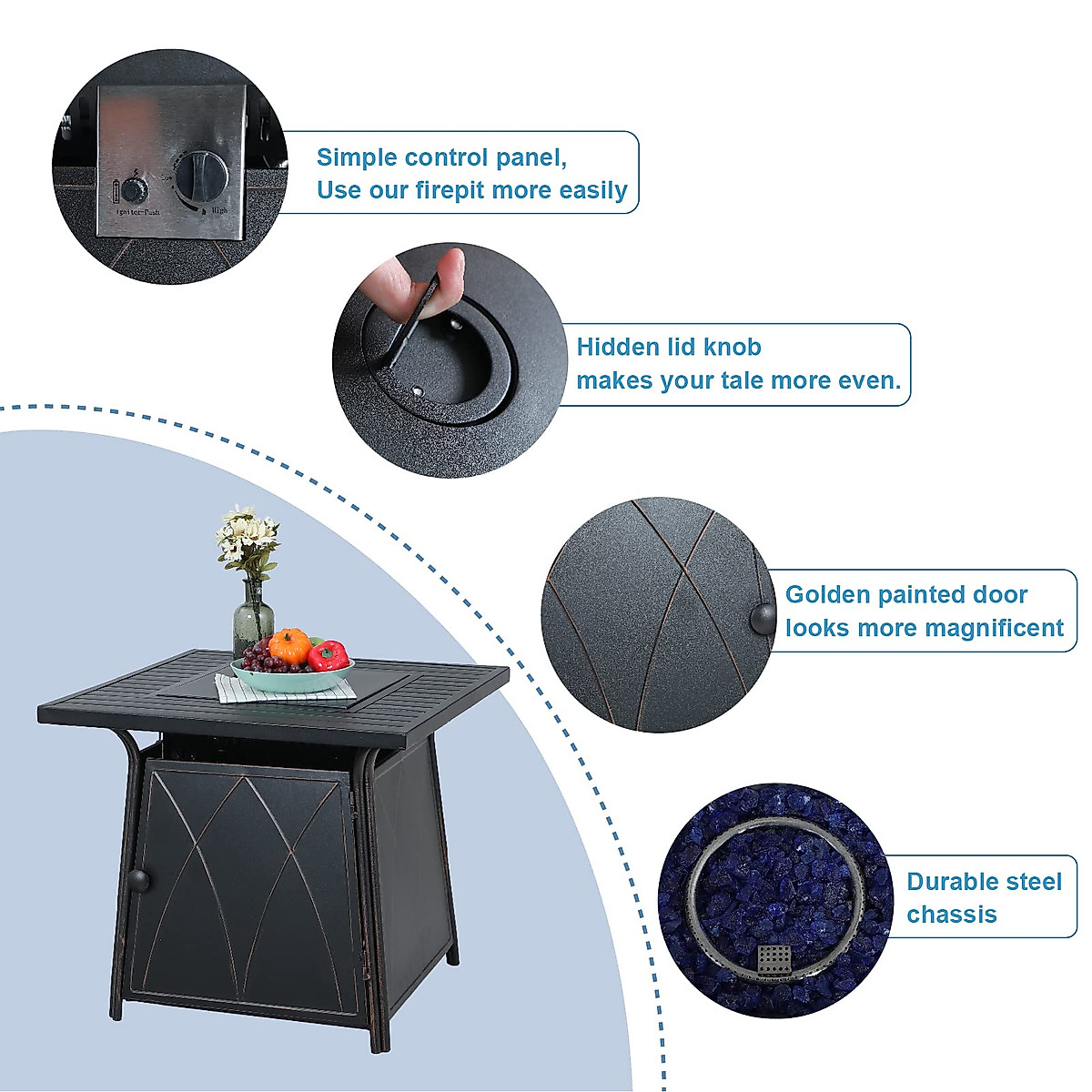 Gas Fire Pit Table 50,000 BTU Square Outdoor Propane Fire Pit Table Fireplace for Patio Garden Camping Outdoor Heating with Blue Fire Glass