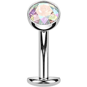 Titanium Threadless Floating Convex Base Belly Button Ring With Bezel CZ Ball Top (Aurora Borealis)