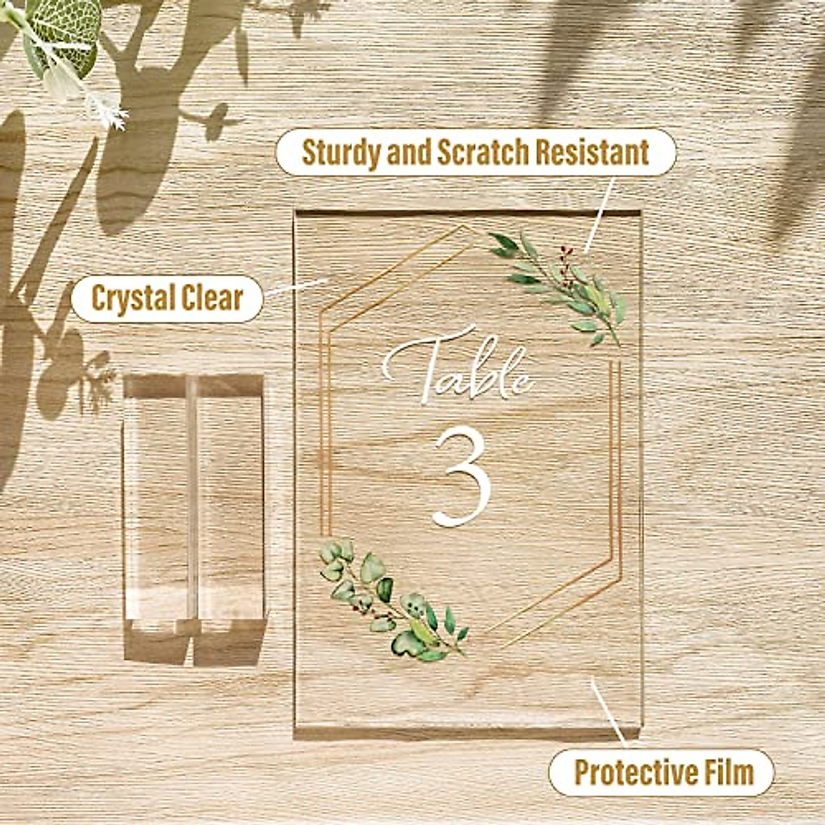 AerWo Acrylic Wedding Table Numbers 1-20 with Stands, 4x6 inches Clear Sign Place Cards with Gold Trim Green Floral Theme, Rustic Table Numbers for Wedding Reception Anniversary Baby Bridal Shower