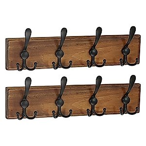 SCUNDA Coat Rack Wall Mount with 4 Hooks, Coat Hanger for Wall, Wooden Wall Hook for Coat, Jacket, Hat, Backpack, Belt, Tie, Key (2-Pack, Rustic Brown)