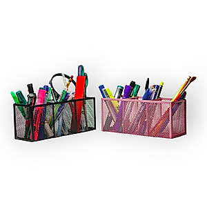 Jolly Desk Duo Pack Mesh Metal Pen Pencil Holder With 3 Rectangular Compartments in Black and Pink Organization for Your Desk Office Classroom Home