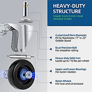 GRILLHOME 3 Inch Caster Wheels for Blackstone Griddle Stand, Griddle Accessories with Brake, 360 Degree Silky Swivel, Set of 4, Fits for Blackstone 22'' or 17'' Table Top Griddle Stand