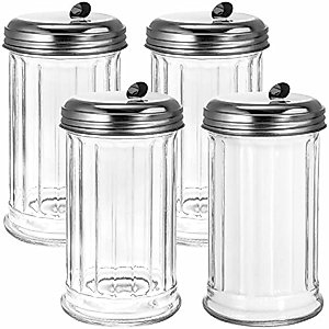 Tebery 4 Pack 12OZ Glass Sugar Dispenser/Pourer/Shaker with Stainless Steel Pour-Flap Lid, Retro Style