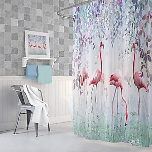 Hot Pink Flamingo Shower Curtain, Lavender Green Botanical Leaves Floral Fabric Shower Curtains Set for Women Bathroom Decorative, Plants Nature Restroom Decor Accessories with Hooks 72X72 Inch