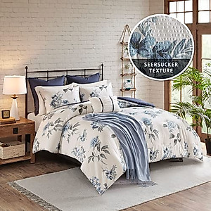 Madison Park Zennia Farmhouse Comforter Set with Throw-Blanket, Floral Print on Seersucker Textures, All Season Bedding, Matching Shams, Toss Pillows, Full/Queen(90"x90"), Blue 7 Piece