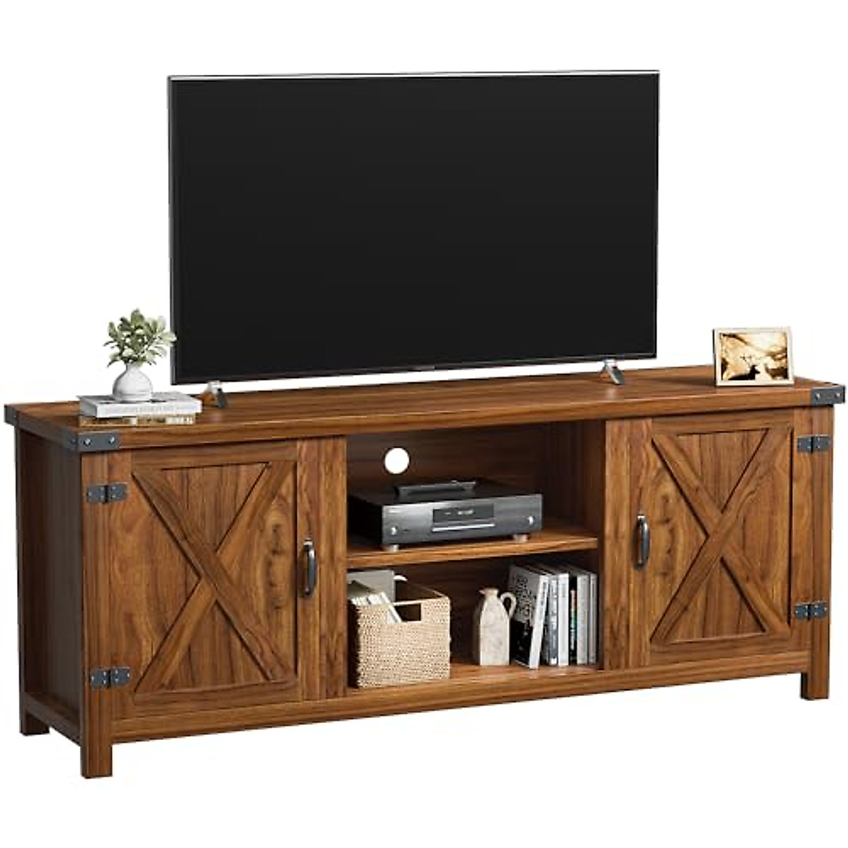 YESHOMY Modern Farmhouse TV Stand with Two Barn Doors and Storage Cabinets for Televisions up to 65+ Inch, Entertainment Center Console Table, Media Furniture for Living Room, 58 Inch, Walnut
