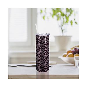 Elanze Designs Cheetah Animal Print Wrap-Around Design 20 Ounce Insulated Stainless Steel Coffee Travel Tumbler Mug Cup, Slide Top Lid & Reusable Straw, Rose Gold Glitter