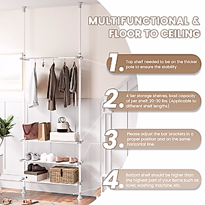 DYN Ptah 4-Tier Over Toilet Bathroom Organizer Floor to Ceiling, Over The Toilet Storage Rack with Tension Poles/Shelves, Adjustable Height, Width and Position, Metal Grey