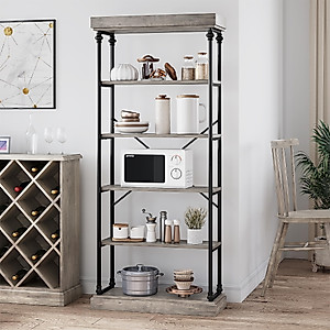 IDEALHOUSE Industrial Bookshelf Wood Bookcase 6 Tier Storage Open Rack Shelf with Metal Frame Rustic Tall Standing Bookshelves Large Grey Display Rack for Bedroom,Living Room and Home Office