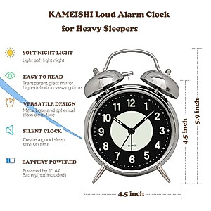 KAMEISHI Loud Alarm Clock for Heavy Sleepers Adults, Retro 4.5 Inches Twin Bell Battery Operated Analog Kids Desk Clocks for Bedrooms Bedside (Noctilucent Black)