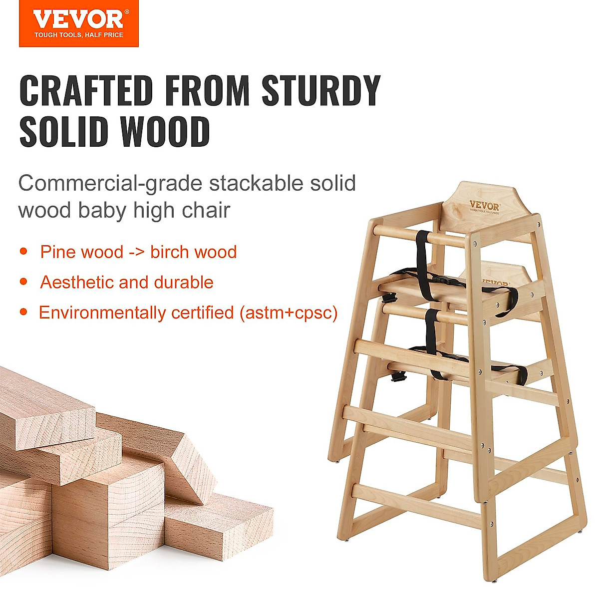 VEVOR Wooden Double Solid Wood Feeding, Eat & Grow Portable High, Easy to Clean Baby Booster Seat, Compact Toddler Chair, Natural