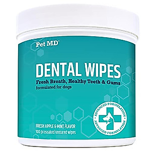 Pet MD Dog Breath Freshener Dental Wipes for Dogs - Tartar and Plaque Remover for Teeth Cleaning - Fresh Apple & Mint Scent Bad Breath Treatment for Dogs - 100 Count