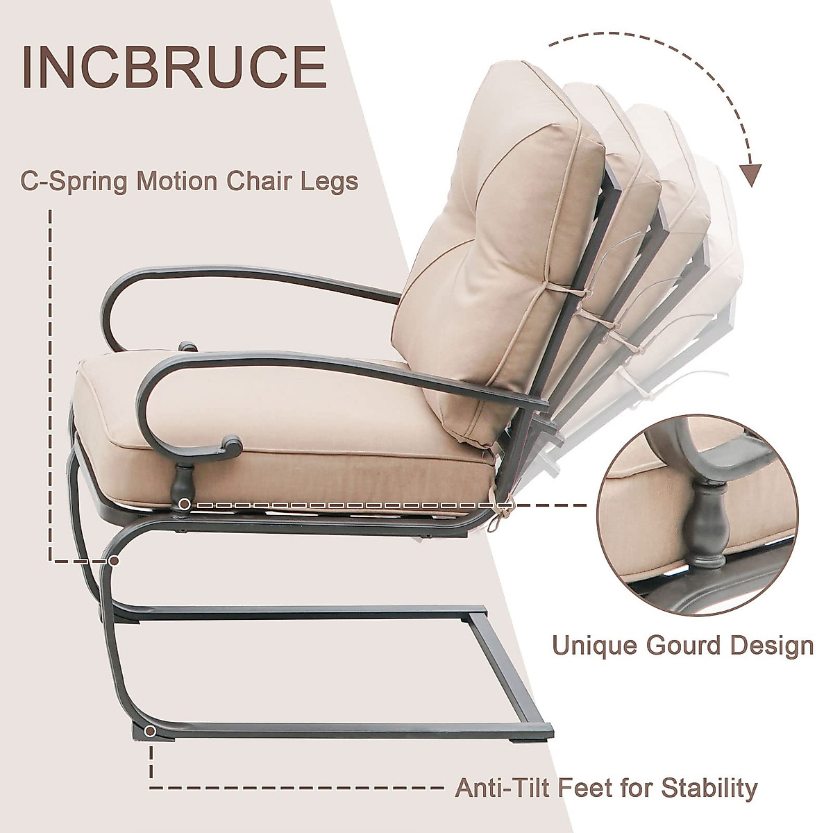 Incbruce Outdoor Furniture 3Pcs Patio Bistro Set, Springs Motion Chairs and Bistro Round Table Set, Metal Small Patio Conversation Set with Cushions (Brown)