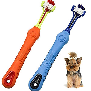 TIHOOD Three Sided Pet Toothbrush Dog Brush Addition Bad Breath Tartar Teeth Care Dog Cat Cleaning Mouth (Blue and Orange)