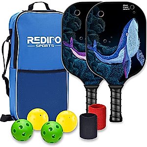 Pickleball Paddles Set of 2 Premium Fiberglass Surface Pickleball Rackets, 4 Pickle Balls, 2 Wrist Bands & 1 Shoulder Bag, 4.9" Cushion Comfort Grip, Pickleball Gifts for Men Women