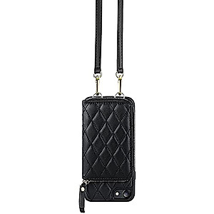 LAMEEKU Wallet Case Compatible with iPhone iPhone SE 2022 5G, iPhone 8 Case Wallet iPhone 7 Quilted Leather Card Holder with Crossbody Strap Wirstlet Shockproof Case for iPhone 8/7/SE 4.7"-Black