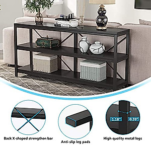 Sofa Table, 3 Tiers Console Table TV Console Narrow Long Sofa Table TV Stand with Storage Shelves for Hallyway, Entryway, Living Room, 55 Inches (Black)