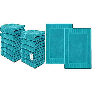 White Classic Luxury Cotton Washcloths | 12 Pack Luxury Bath Mat | 2 Pack Bundle (Aqua)
