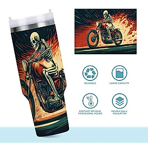Jihqo Retro Skeleton Motorcycle 40 oz Stainless Steel Vacuum Insulated Tumbler with Handle and Straw Lid, Leakproof Water Bottle Double Wall Travel Mug Coffee Cup, Cupholder Friendly