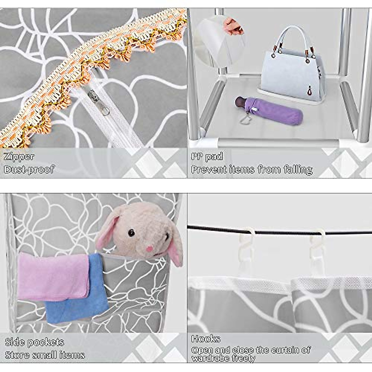 ldab Portable Wardrobe Closet, Bedroom Clothes Closet Storage Organizer with Storage Shelves, Hanging Rack & Side Pockets, 41" L x 18" W x 67" H, Extra Strong and Durable -Grey Pattern