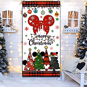 Mouse Christmas Door Cover Decoration,Merry Christmas Door Hanging Backdrop for 2023 Cartoon Mouse Theme Xmas Winter Holiday Supplies
