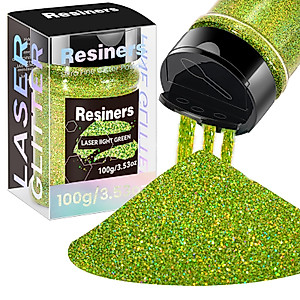 Resiners Holographic Ultra Fine Glitter Powder - 3.53oz/100g, 1/128" Metallic Epoxy Resin Glitter Sequins Flakes for Tumblers,Slime, Nails, Paint, Art Crafts - Laser Light Green
