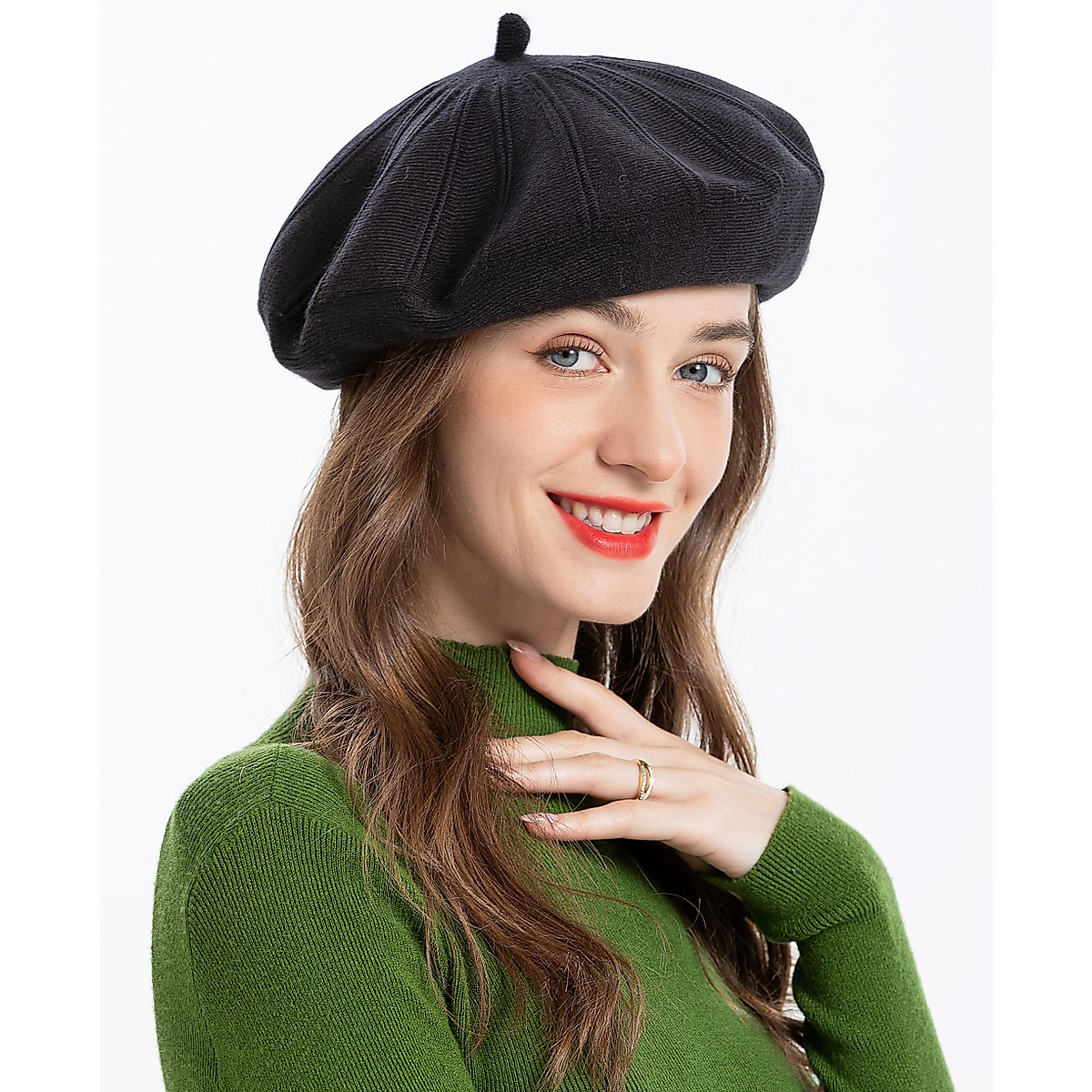 ZLYC French Beret hat, Reversible Solid Color Cashmere Knit Warm Beret Cap for Womens Girls (Black)