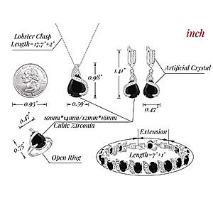 GZWHD Jewelry Set Gift for Women, Black Waterdrop Created Spinel, Party Prom Jewelry, Silver-Tone Earrings Necklace Bracelet Open Ring, Birthday Gifts for Best Friends Mom