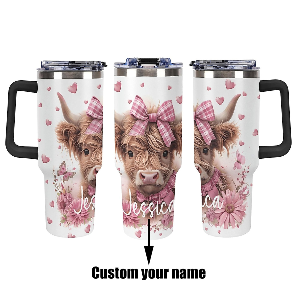 Zxyhomex Personalize Cute Pink Cow Print Tumbler 40 oz with Handle Straw Lid, Heifer 40oz Vacuum Insulated Coffee Mug, Highland Cow Birthday Gifts