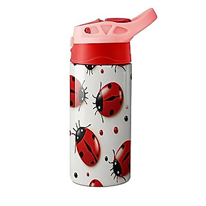 Stainless Steel Water Bottles Red Ladybug Travel Water Cups with Handle And Silicone Straw Drinking Cup with Leak Proof Lid Thermo Travel Mug for Women Men