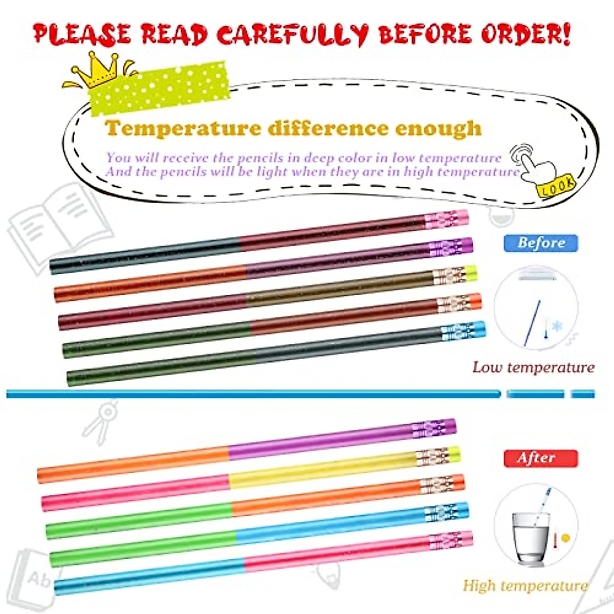 Sabary Color Changing Mood Pencil with Eraser Wooden Fun Pencils Assorted Color Thermochromic Cool Heat Activated Metallic Glitter Pencils for Kids Students Gifts (30 Pieces)