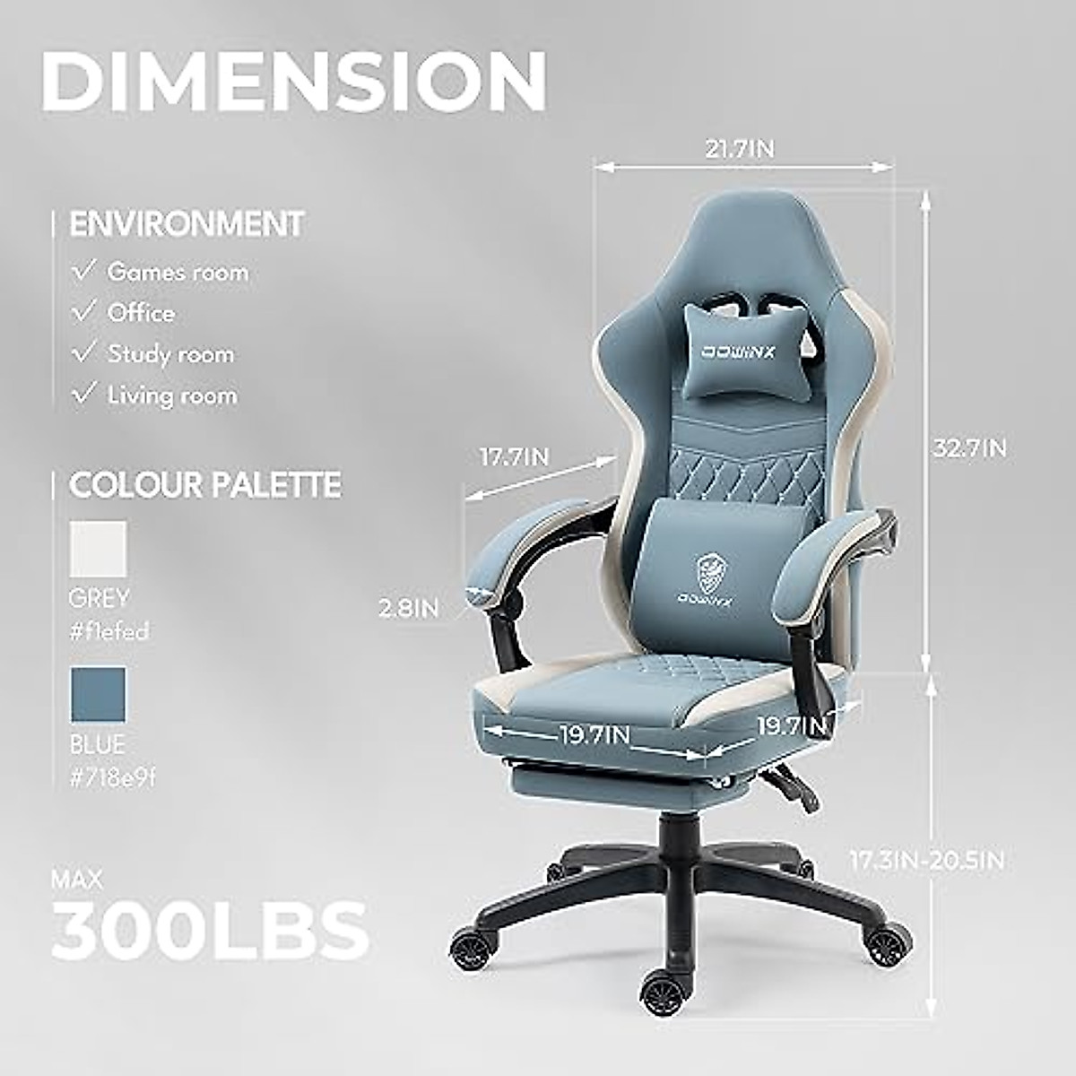 Dowinx Gaming Chair Breathable Fabic Computer Chair with Pocket Spring Cushion, Comfortable Office Chair with Gel Pad and Storage Bags,Massage Game Chair with Footrest,Blue