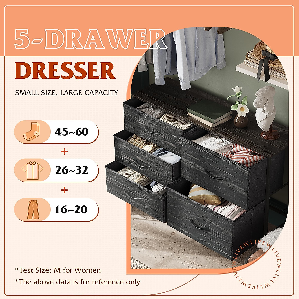 WLIVE Dresser for Bedroom with 5 Drawers, Wide Bedroom Dresser with Drawer Organizers, Chest of Drawers, Fabric Dresser for Living Room, Closet, Hallway, Charcoal Black Wood Grain Print