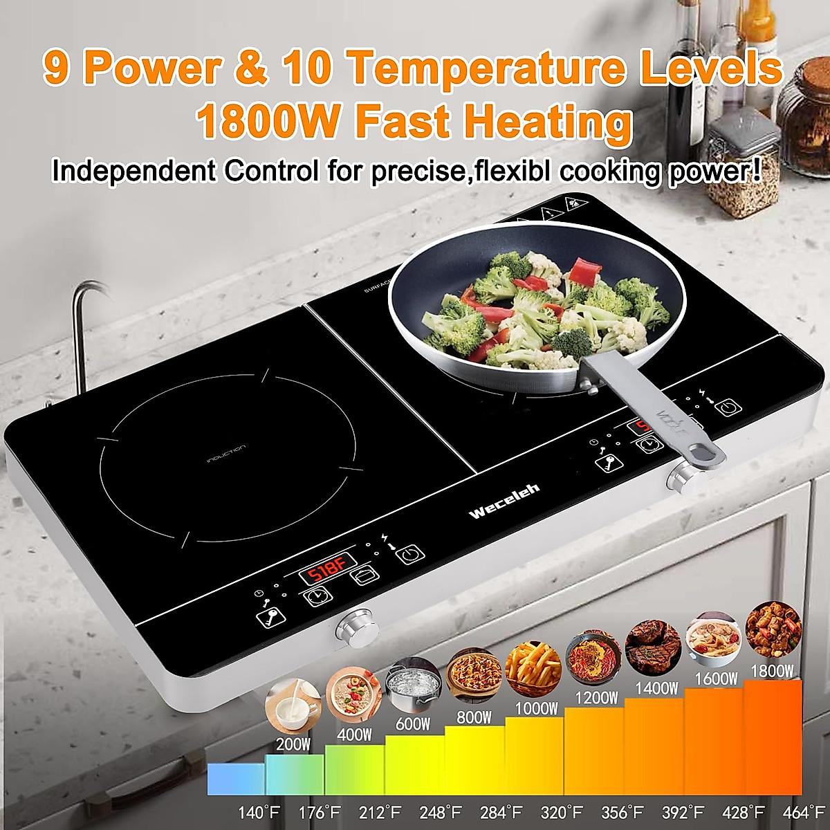 Portable Induction Cooktop 1800W Double Induction Cooktop Stove Hot Plates,2 Independent Touch Control with 2 Knobs,9 Power & 10 Temp Levels,Child Safety Lock,Timer