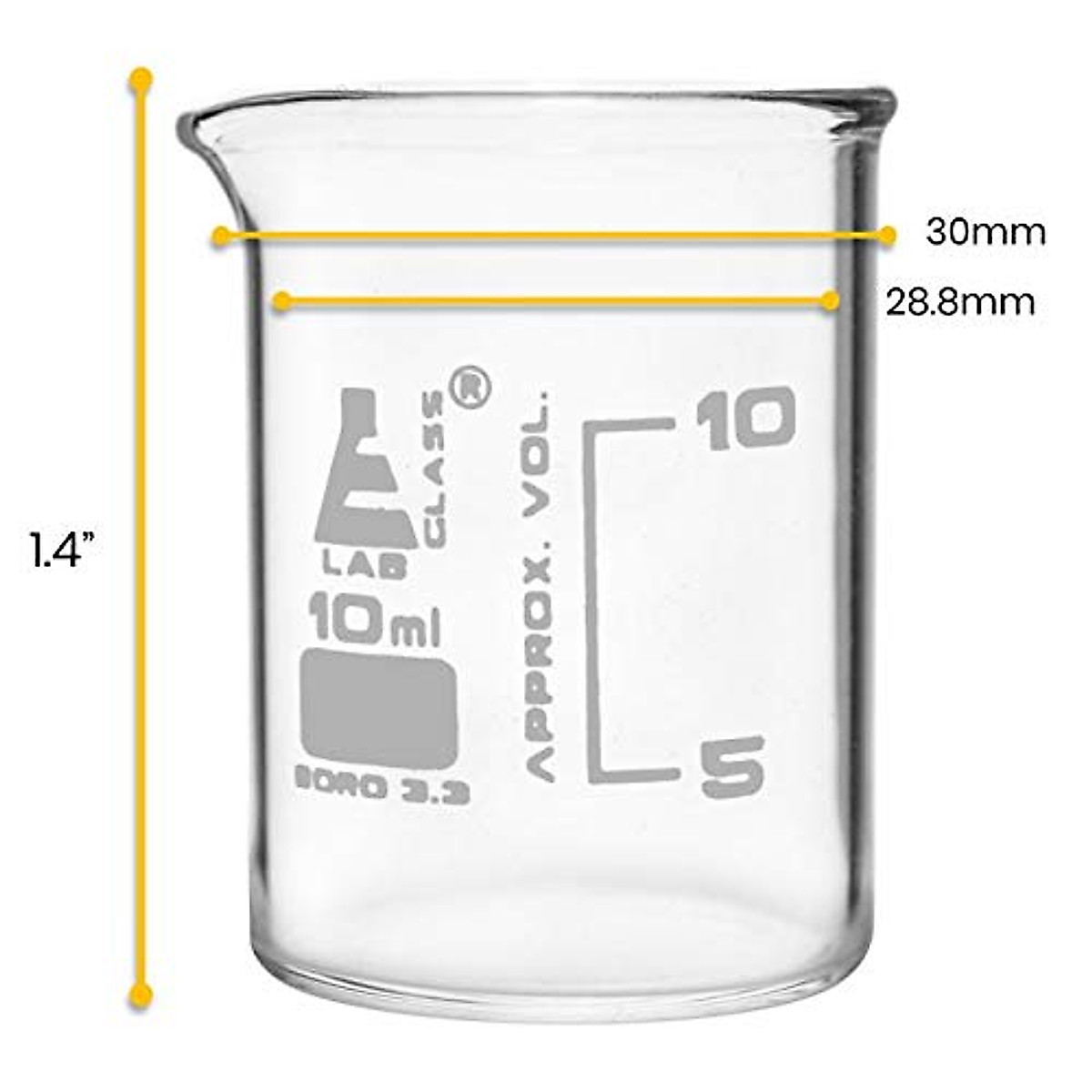 EISCO 12PK Beakers, 10ml - ASTM - Low Form with Spout - White Graduations - Borosilicate 3.3 Glass