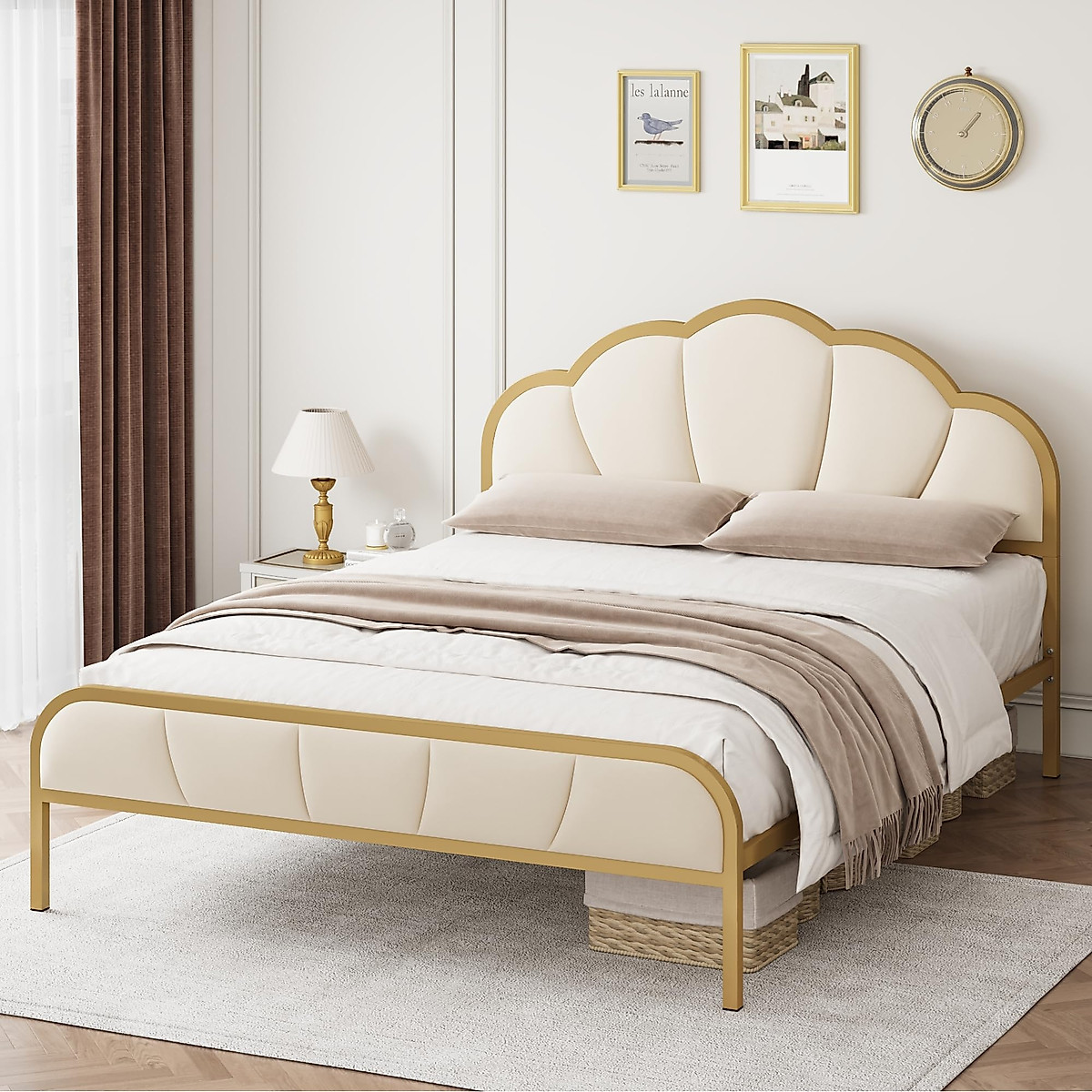 BOTLOG Queen Bed Frame, Upholstered Platform Bed Frame with Velvet Petal Headboard, Footboard, Strong Wooden Slats, No Box Spring Needed/Easy Assembly (Queen)