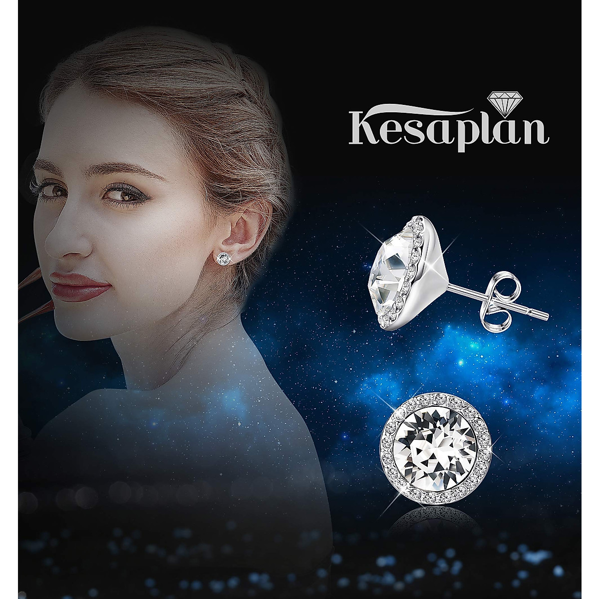 KesaPlan Sterling Silver Crystals Stud Earrings for Women, Made of Austria Crystals, Round-Cut Rhinestone Halo Bridal Earring Hypoallergenic White