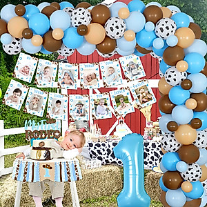 First Rodeo Birthday Party Decorations Boy Blue, Western Cowboy 1st Birthday Party Decorations - Cowboy Balloon Garland Kit with High Chair Banner, Monthly Photo Banner, My First Rodeo Cake Topper