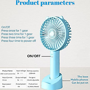 Mini handheld portable fan, 3 speeds, handheld fan, small portable fan, battery fan, usb fan portable rechargeable, lash fan, travel fan, phone fan, face fan(blue)
