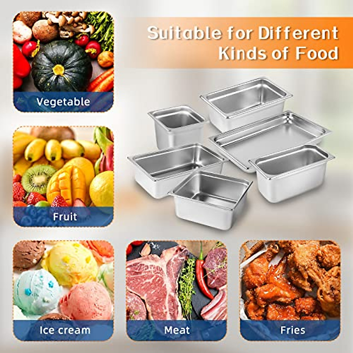 HOCCOT 6 Pack Pans 1/6 Size 2.6" Deep, 304 Stainless Steel, Commercial Hotel Pan, Steam Table Pan, Catering Food Pan