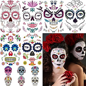 12 Sheets Halloween Face Tattoos Day of the Dead Face Sugar Skull Tattoos, Including 6 Large Sheets Halloween Sugar Skull Temporary Face Tattoos