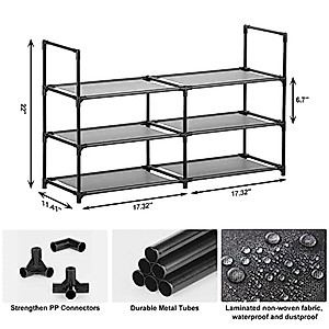 HODYANN 3 Tiers Shoe Rack, 12-15 Pairs Shoe Rack Organizer, Space Saving Non-Woven Fabric Metal Shoe Shelf, Stackable Shoe Rack for Closet, Black (Black3-D)