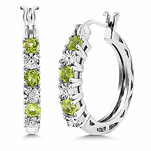 Gem Stone King 925 Sterling Silver Green Peridot and White Diamond Accent Hoop Earrings For Women (0.83 Cttw, Gemstone Birthstone, 22MM = 0.85 Inches Diameter)
