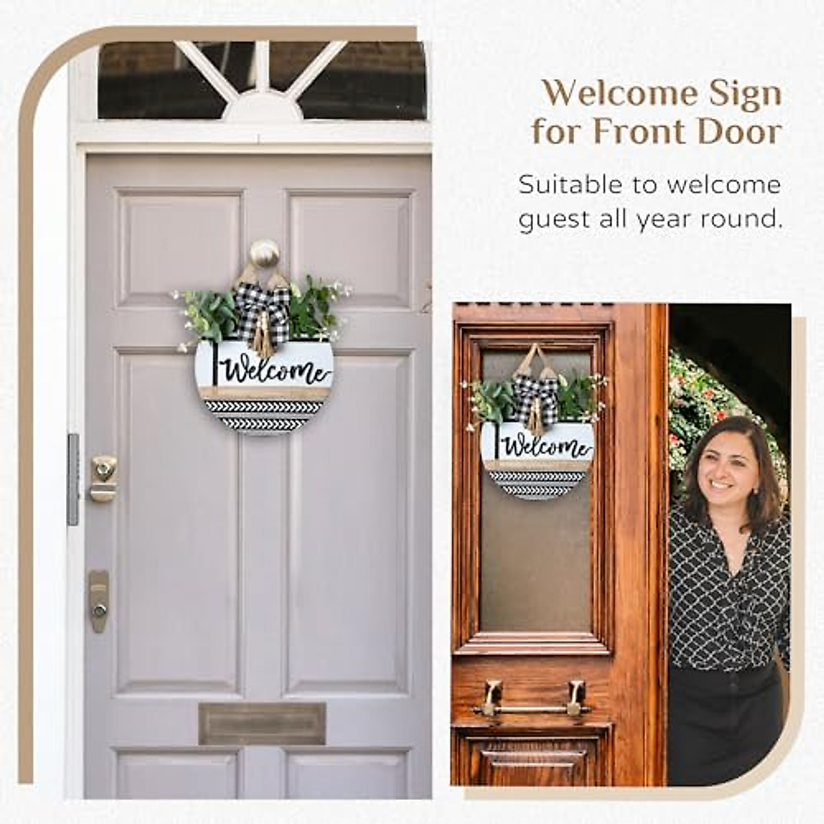Welcome Sign for Front Door Decor - Walasis Hanging Welcome Signs for All Season Boho Wall Decoration 12inch Wooden Farmhouse Eucalyptus Wreath with Bow Beads for Home