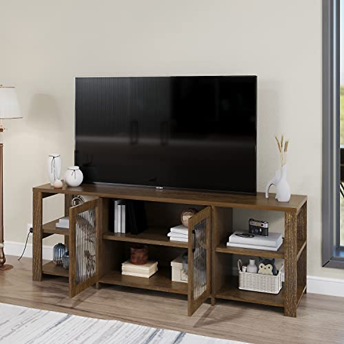 Panana TV Stand Entertainment Center TV Storage Cabinets Media Console with 2 Doors 4 Cubby TV Stand up to 70 Inch